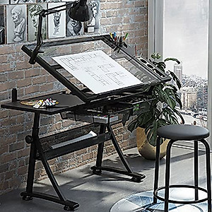 EESHHA Drawing Table Adjustable Glass Drafting Table,Versatile Art Study Table,with Storage Drawers,Art Studio Design Sketching Painting Work Station (Color : Glass) (Glass) (Glass)
