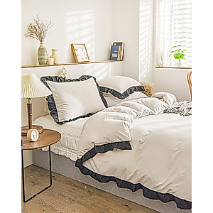 Ruffle Bedding Set Beige Duvet Cover Set 100% Washed Microfiber Breathable Soft Cream Grey Pattern Shabby Chic Ruffle Fringe Duvet Cover Set King 1 Duvet Cover 2 Pillowcases (No Comforter Included)