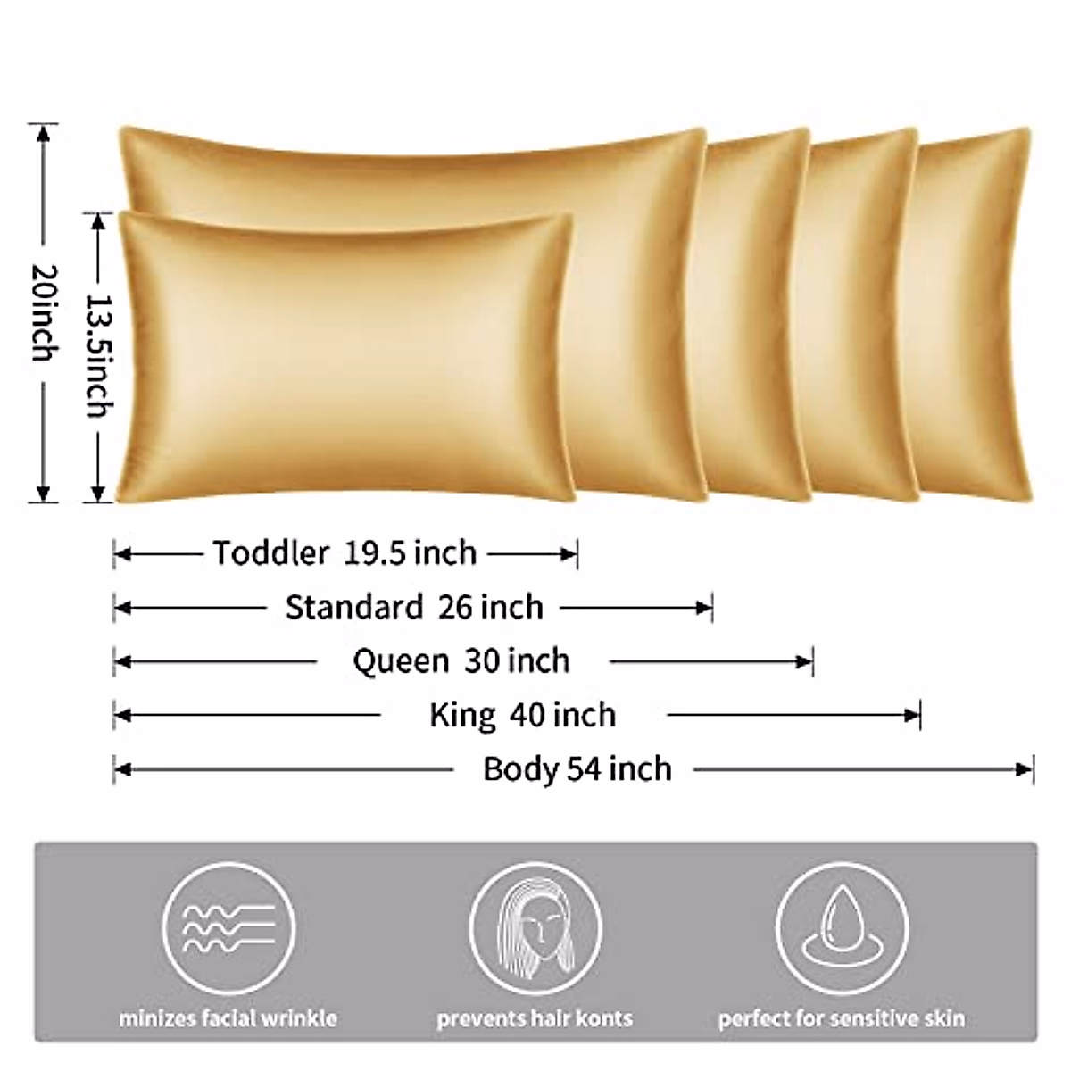 YUHX Silk Satin Pillowcase for Hair and Skin, Gold King Size Pillowcase Set of 2, Soft Silky Pillow Cases with Envelope Closure (20x40 inches,Gold)