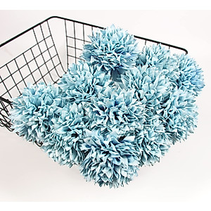 Tinsow 12 Pcs Artificial Flowers Faux Ball Chrysanthemum Bouquet Silk Light Blue Flowers Bridal Wedding Bouquet for Home Easter Party Wedding Decoration (Light Blue, 12)