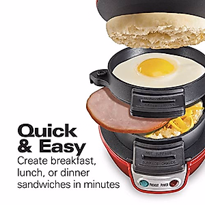 Hamilton Beach Breakfast Sandwich Maker with Egg Cooker Ring, Customize Ingredients, Perfect for English Muffins, Croissants, Mini Waffles, Dorm Room Essentials, Red (25476)