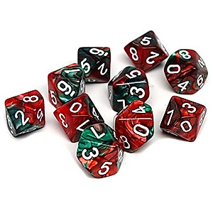 Ten Count Pack of D10 Dice - Matching Collection of 10 Sided Plastic Polyhedral Dice (Green and Red Swirl)