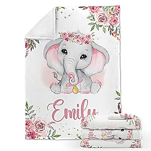 ZouZou Personalized Customized Baby Girl Blanket - Baby Blanket with Name for Baby Girl, 30x40, Fleece - Cute Custom Baby Blanket for Baby Girls (Elephant)