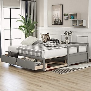 Twin to King Wooden Daybed with Twin Size Trundle Bed and Two Storage Drawers, Extendable Bed Frame, Sofa Bed for Bedroom Living Room, Grey