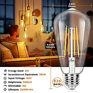 4-Pack Vintage 8W LED Edison Bulbs, 100W Equivalent, E26 Base ST64 LED Filament Light Bulbs Warm White 3000K High Brightness 1400Lumens, Antique Style Clear Glass for Home Bedroom Office, Non-Dimmable