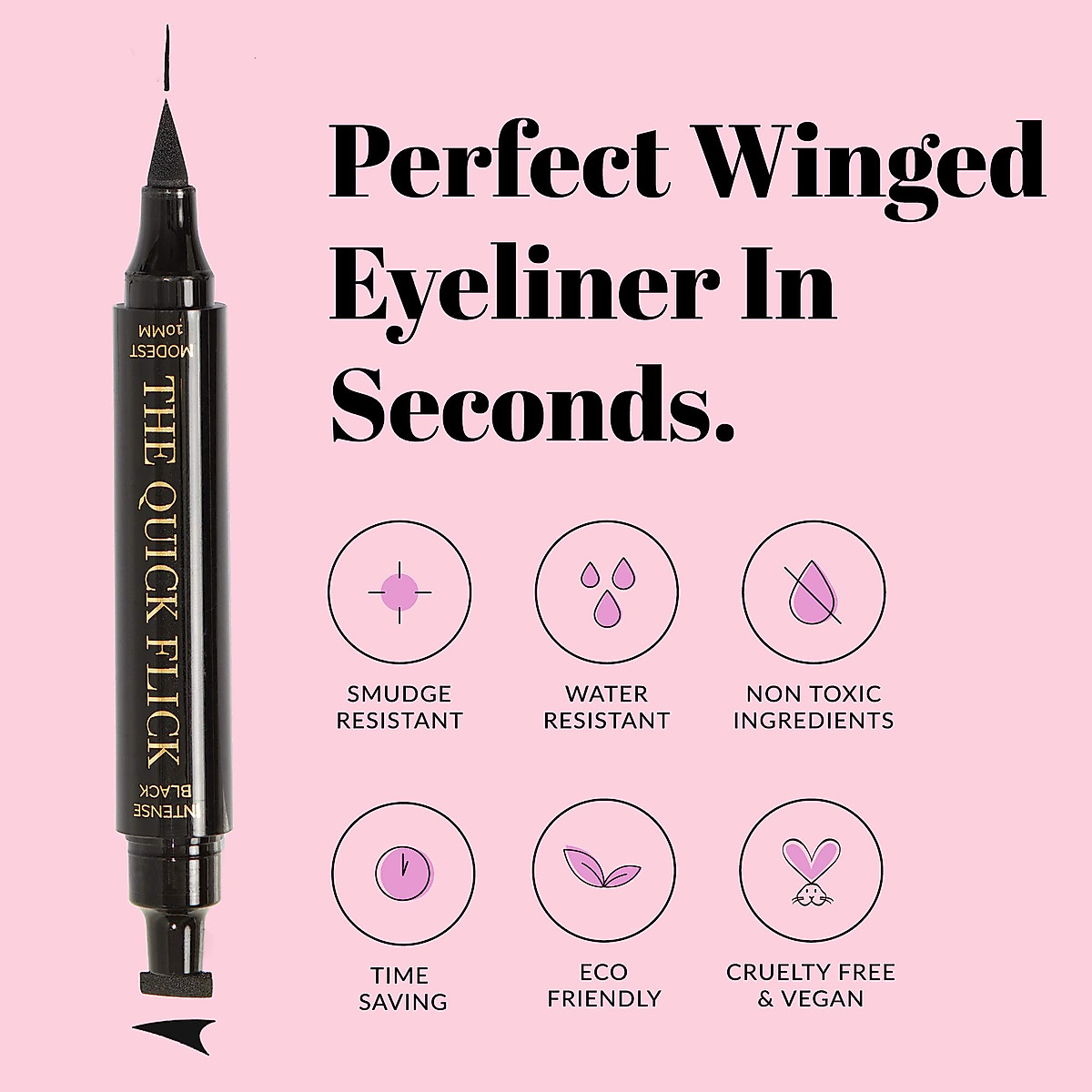 The Quick Flick - Wings Eyeliner Stamp, Felt-Tip Liquid Eyeliner, Water-and-Smudge-Proof Cat Eyeliner, Intense Black Liquid Eyeliner Pen, Grand 12mm (5mm Thickest) Winged Eyeliner Stamp, 2 Pens