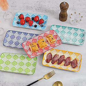 AHX Appetizer plates Set Dessert Plate - Rectangular Small Serving Plates for Sushi | Tapas | Snack - Colorful Ceramic Serving Dishes Set of 6 - Microwave and Dishwasher Safe - 8 inch