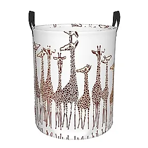 Cute Wild Cartoon Giraffes Printed Round Laundry Hamper,Collapsible Clothes Hamper Storage With Handle,Canvas Fabric Waterproof Storage Bin