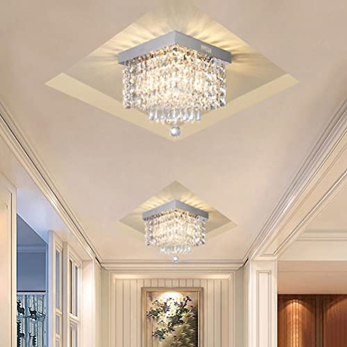 Modern Luxury Crystal Chandelier, Contemporary Raindrop Crystal Ball Square Chandelier Lighting Pendant Ceiling Lamp Flush Mount Ceiling Light Fixture Chandelier for Bedroom, Hallway of CRYSTOP