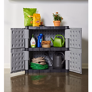 Rubbermaid Freestanding Storage Cabinet with Doors, 18"D x 36"W x 37"H, Medium, Gray/Black, Two-Shelf Lockable Cabinet for Indoor/Outdoor/Garage Storage for Garden Tools/Lawn Care Accessories