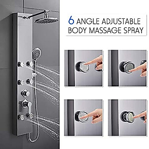 ROVOGO 304 Stainless Steel Shower Panels System with 8-inch Rainfall Shower, 6 Body Jets and 5-Setting Handheld Shower Wand, Shower Tower with Adjustable Head, Stainless Steel Brushed