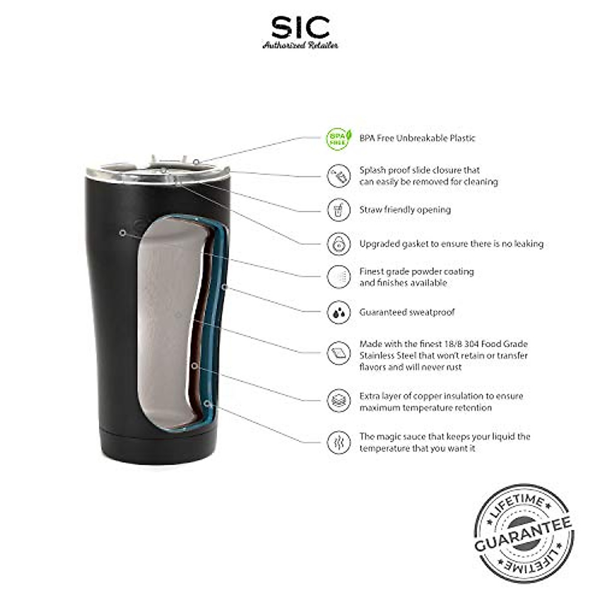 Seriously Ice Cold SIC 20 Oz. Double Wall Vacuum Insulated 18/8 Stainless Steel Travel Tumbler Mug | Powder Coated with Splash Proof BPA Free Lid | Coffee, Tea, Wine, and Cocktails (Stainless Steel)