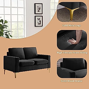 FREEHOMAE Velvet Loveseat with Gold Metal Legs & Square Armrest Small Couch Sofa for Limited Space, Modern 2- Seat Sofa for Apartment (Black)