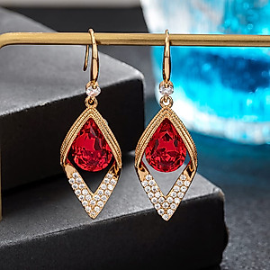 Austrian Crystal Teardrop Hollow Leaf Drop Dangle Earrings for Women 14K Rose Gold Plated Hypoallergenic Jewelry (Red)