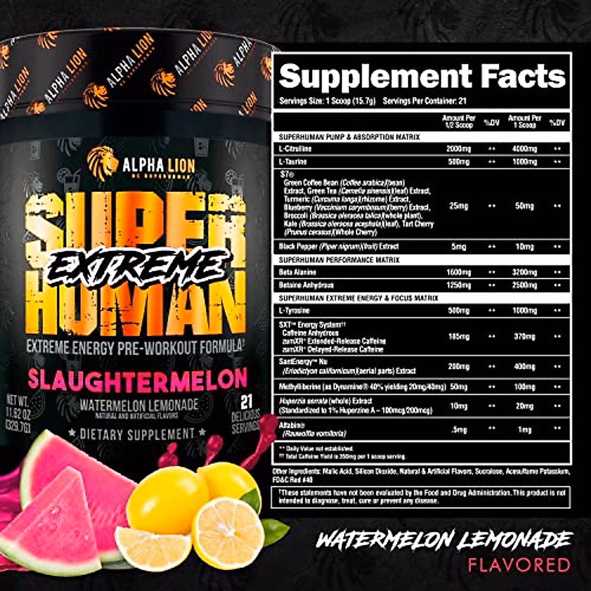 ALPHA LION Superhuman Extreme, Extreme Energy Pre-Workout Formula, Intense, Sustained Energy and Focus, Elevated Nitric Oxide, Maximum Pumps & Nutrient Delivery (21 Servings, Slaughtermelon)