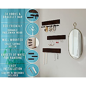 Comfify Rustic Jewelry Display Organizer for Wall – Wall Mounted Jewelry Holder Organizer with Removable Bracelet Rod and 24 Hooks – Perfect Earrings, Necklaces and Bracelets Holder – Dark Brown