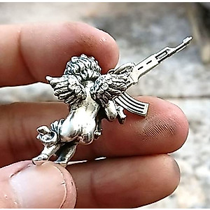 925 Sterling Silver gun and Angel Pendant Necklace ~ Peace and War Charms Pendant and SS 316 24" chain ~ guardian angel of war ✬✬✬By Fantasy World✬✬✬ (2, Silver Pendant + SS316 Chain)