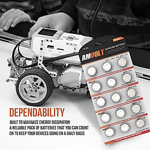 AmVolt- Pack of 15 LR44 Batteries AG13 SR44 357 303 Premium Alkaline Non Rechargeable Button Battery, 1.5 Volt Small Batteries for Watches Clocks & Electronic Devices