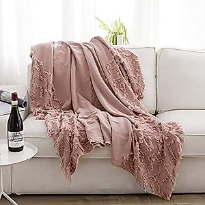 Simple&Opulence 100% Cotton Throw Blanket for Bed, Couch, Tufted Zigzag Knit Woven Boho Blanket with Tassels Soft Lightweight Breathable Cozy Blanket Farmhouse Decoration for All-Season (Dusty Rose)