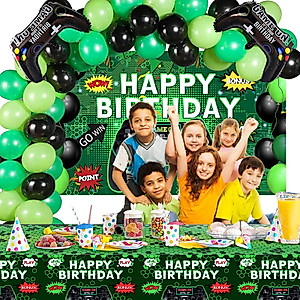Happy Birthday Game on Level up Green Extra Large Fabric Sign Poster Background Banner 2pcs Waterproof tablecloths and 50pcs Metallic Shiny Latex Balloons for Game Theme Birthday Party Decoration