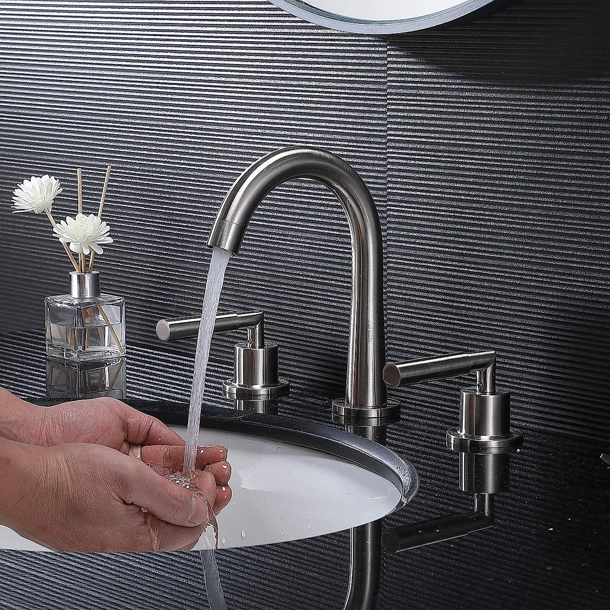 VESLA HOME Modern Brushed Nickel 3 Hole Bathroom Faucet Widespread, 2 Handle Lavatory Vanity Stainless Steel Bathroom Sink Faucet with Pop-up Drain and Water Hoses