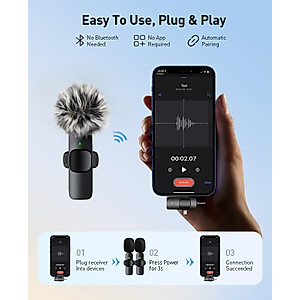 MENERESAS Mini Microphone, 3 in 1 Wireless Lavalier Microphones for iPhone, iPad, Camera and Android Devices, Noise Reduction Lapel Mic, Clip on Mic for Video Recording Vlog, YouTube, Interview
