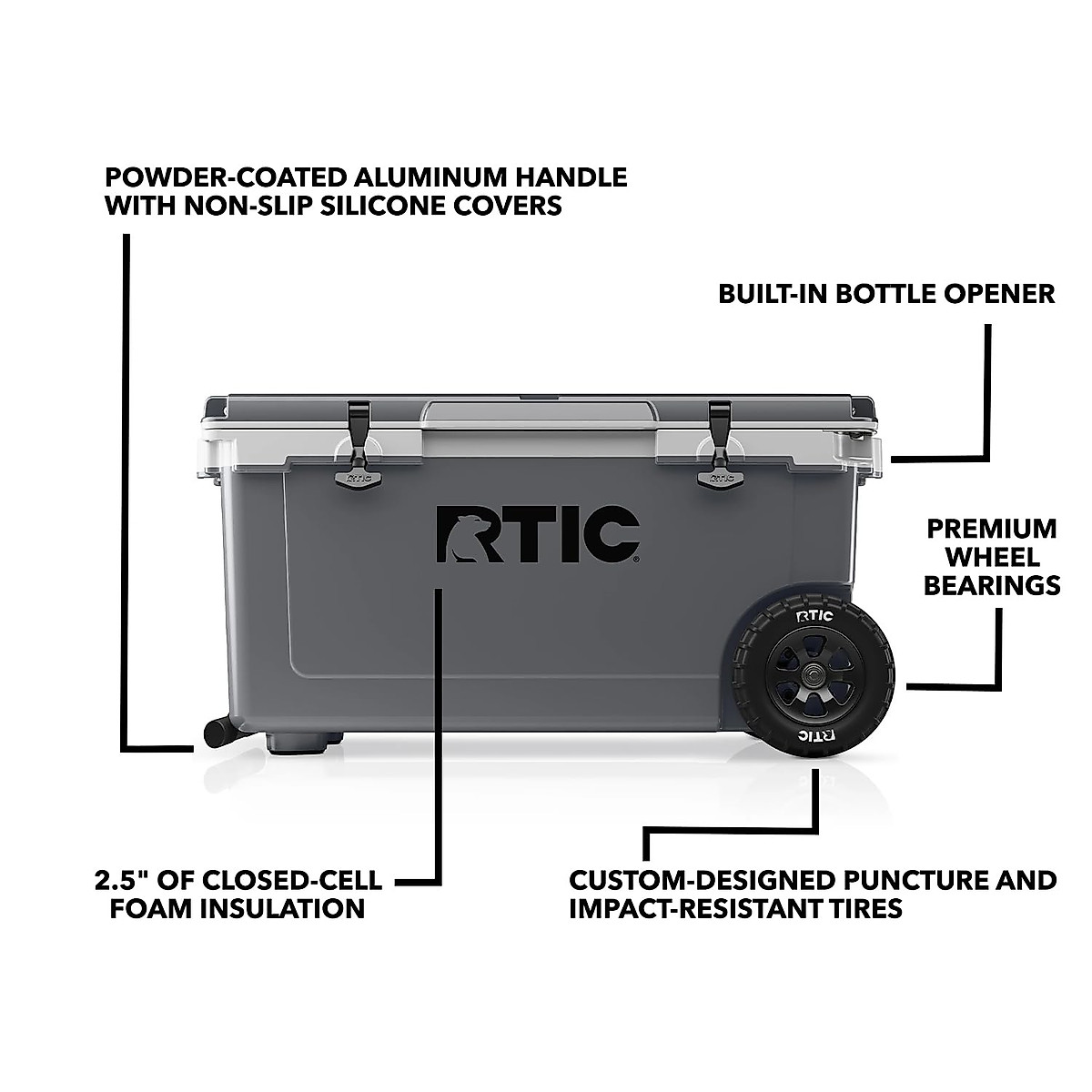 RTIC 72 Quart Ultra-Light Wheeled Cooler Hard Insulated Portable Ice Chest Box for Beach, Drink, Beverage, Camping, Picnic, Fishing, Boat, BBQ, 30% Lighter Than Rotomolded Coolers, Dark & Cool Grey