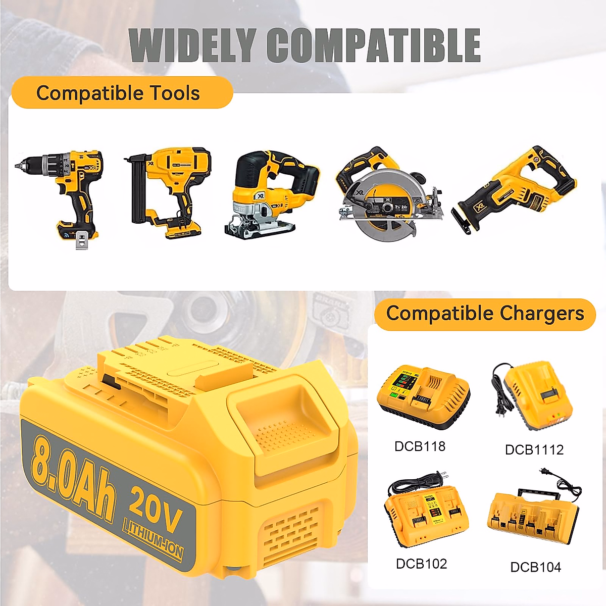JUNWOOD 2Pack 8.0Ah MAX Lithium Replacement for Dewalt 20V Battery with 20 Volt Dual Port Battery Charger DCB200 DCB201 DCB204 DCB206 DCB207 DCD/DCF/DCG XR Series
