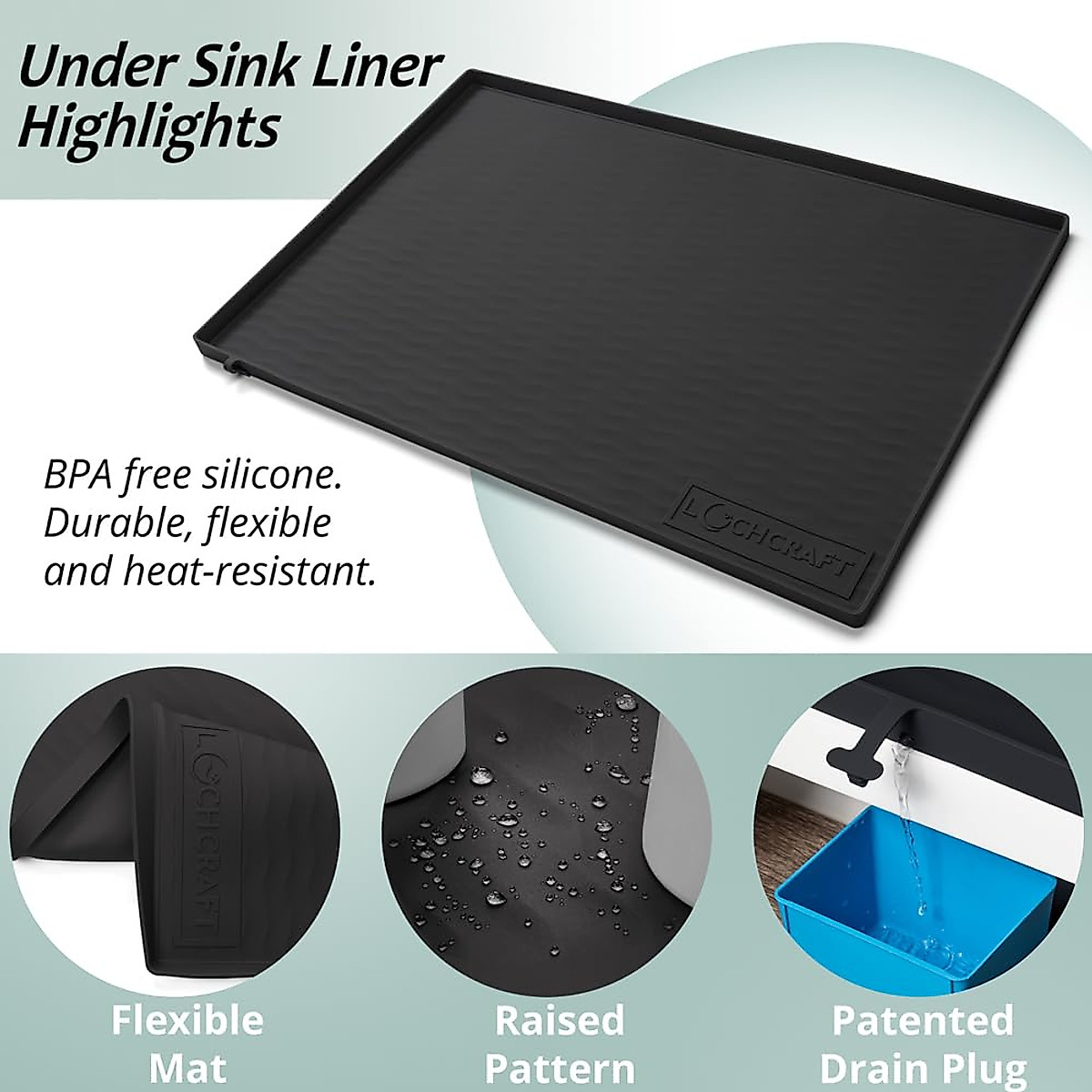 LochCraft Under Sink Mats for Kitchen Waterproof (31x22) Silicone Undersink Liner for Organizing and Waterproofing - Ideal for The Kitchen, Bathroom, and Laundry Room, Fits 33 Inch Cabinet (Black)