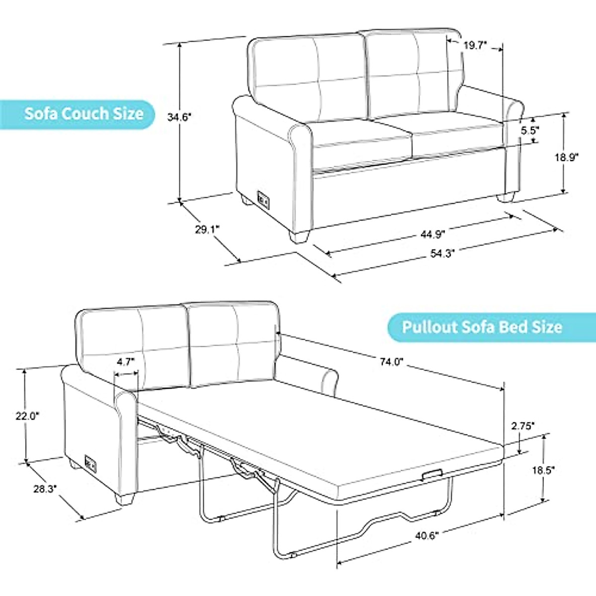 OUllUO Pull Out Sofa Bed Dual Plugs USB Ports, 2-in-1 Convertible Loveseat Sofa Couch Sleeper with Folding Mattress, Modern 2 Seat Small Sofa Couch for Living Room Apartment Guest Bedroom,Gray