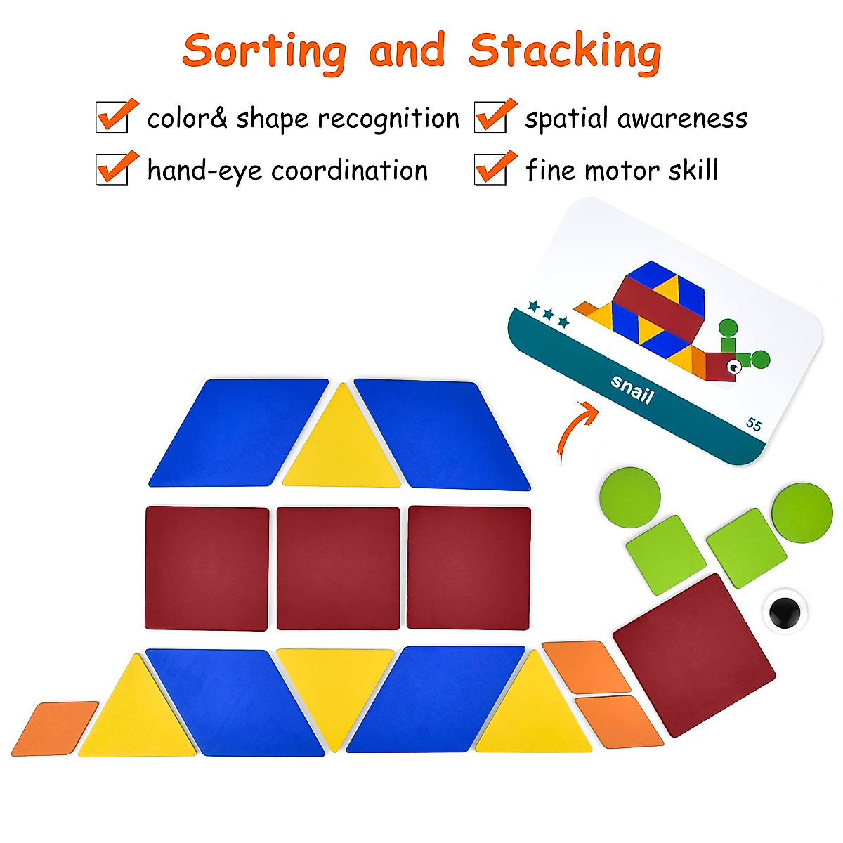 LiKee Wooden Pattern Blocks (37 Blocks& 50 Cards) (Third Edition)