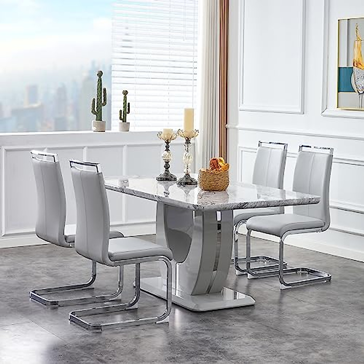 Faux Marble Kitchen Table Set 63" Dining Table Set for 5,Dining Room Table and Chairs Set,Dining Room Table Set with Chairs,Dinner Table set with Imitation Marble Grain Top 5 Pcs Dining Table Set