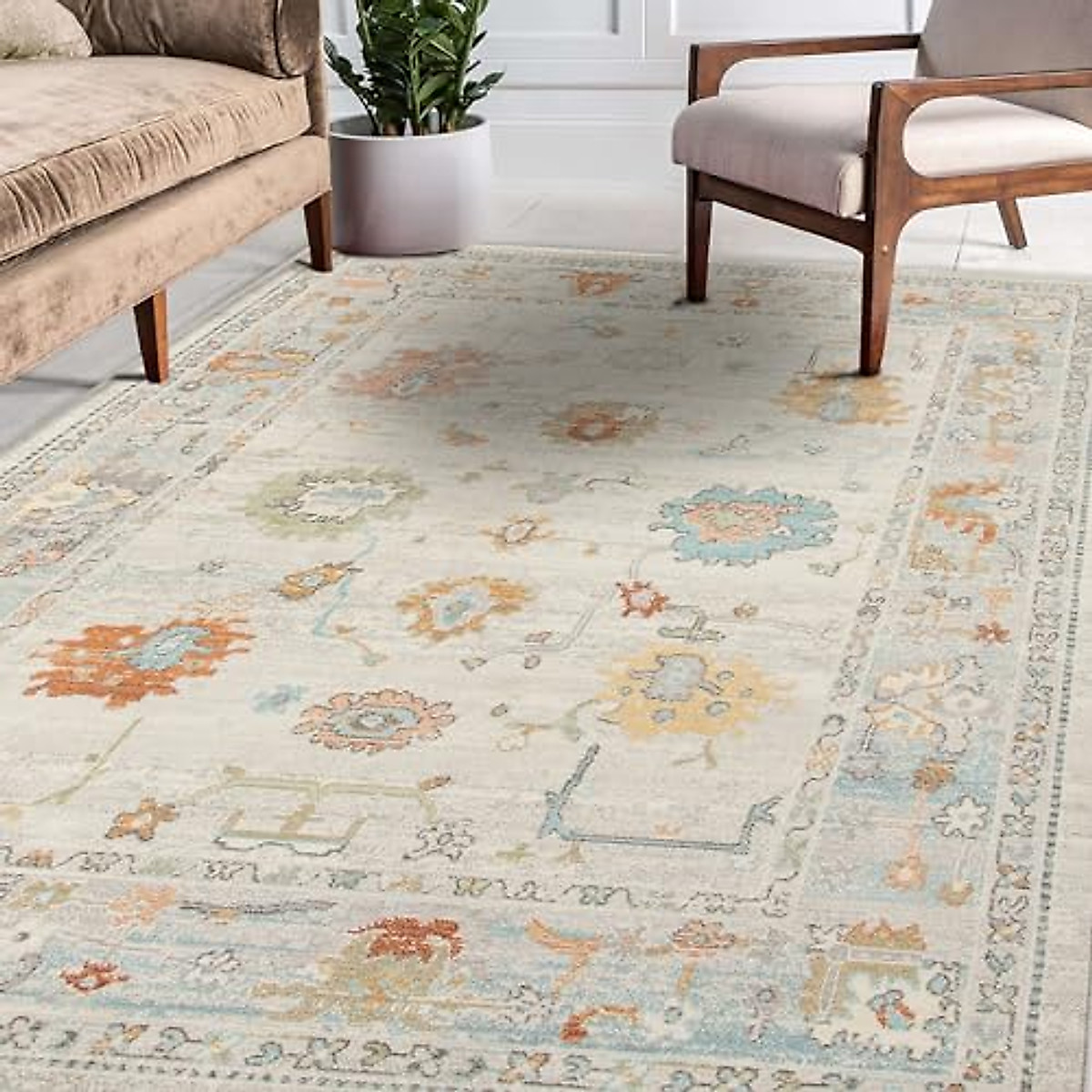 AMER Rugs Bohemian Seaford Collection, Indoor/Outdoor 8x10 Area Rug, Rugs for Living Room, Bedroom, Dining Room, Kitchen - Beige/Blue