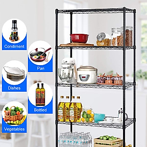 Storage Metal Shelf 5 Tier Wire Shelving Unit Standing Shelf Units Heavy Duty Garage Shelving with Feet Levelers 1250Lbs Capacity Adjustable Commercial Shelving Kitchen Rack, Black
