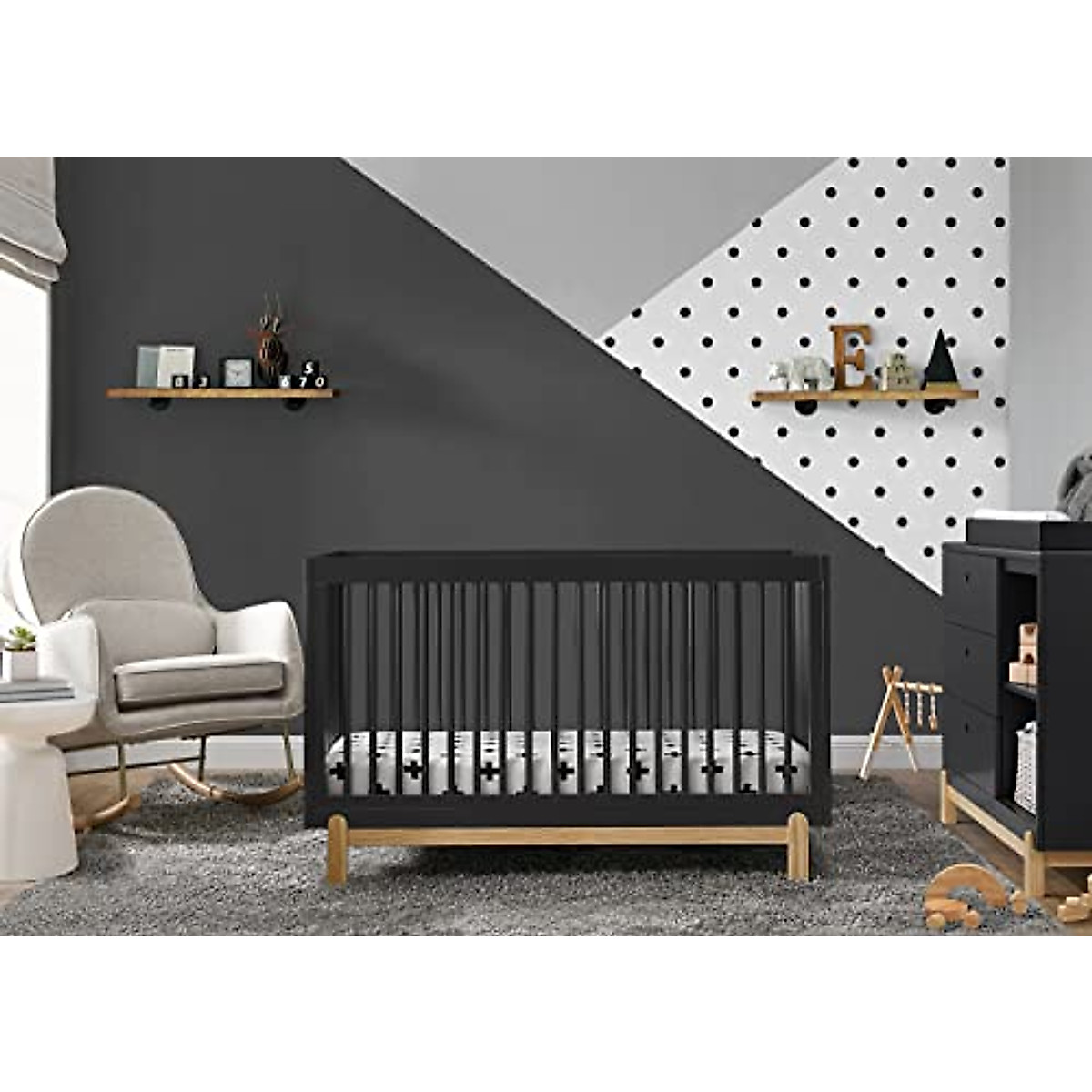 Delta Children Poppy Crib 6-Piece Baby Nursery Furniture Set–Includes: Convertible Crib, Dresser, Changing Top, Crib Mattress, Sheets, & Changing Pad, Midnight Grey w/Natural