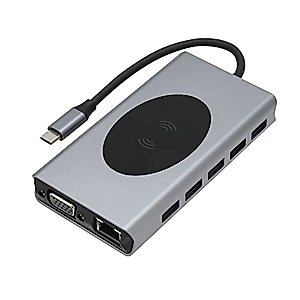 Sanpyl USB Hub, 13 in 1 4K 30Hz Type C to HDMI VGA 5 USB3.0 Memory Card Storage Card RJ45 PD AUDIO3.5 Wireless Charging 10W Multiport Adapter