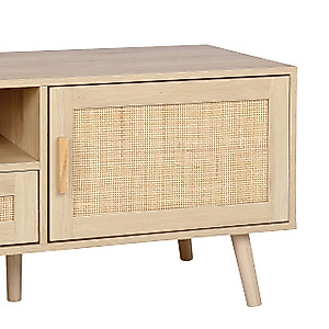 Finnhomy 59 Inch Boho TV Stand for up to 70 inch TV, TV Console with 2 Hand Made Rattan Decorated Doors, Living Room Entertainment Center TV Table with Storage, Natural