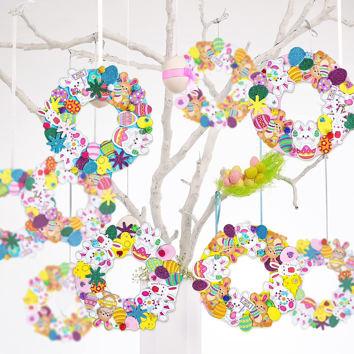 Whaline 12 Sets Easter Foam Stickers Easter Wreath Signs with 400Pcs Cute Bunny Egg Stickers, Rhinestone Sticker, 100Pcs Pom Balls and Yellow Ribbons DIY Foam Wreath Signs for Easter Holiday Party Art