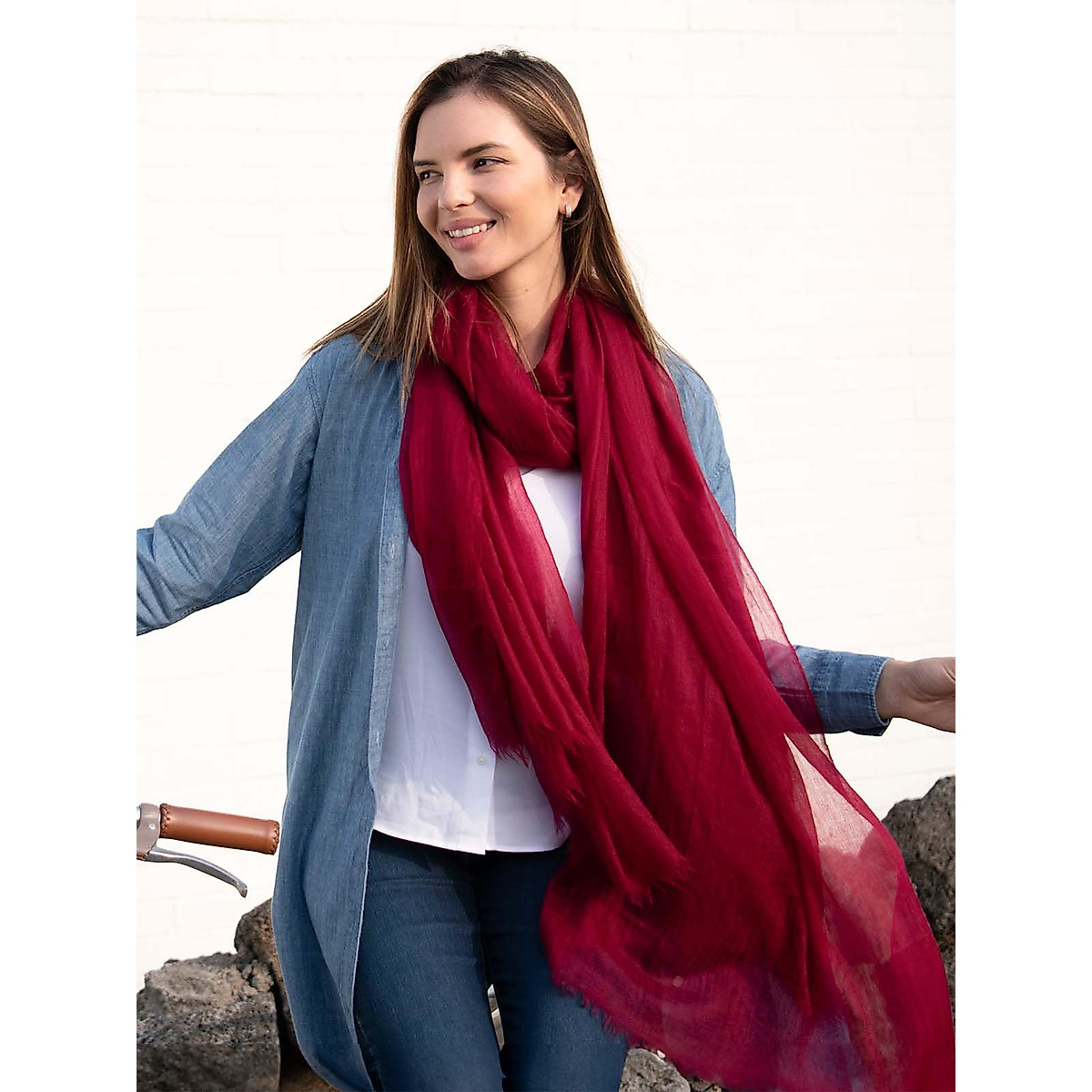 Ovcio Featherlight Wine Red Cashmere Scarf - 100% Pure Cashmere Wrap Scarf for Women (87x39) with Gift Box