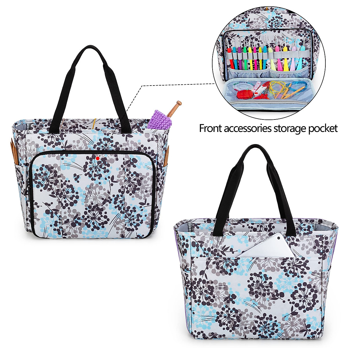 CURMIO Knitting Tote Bag, Yarn Storage Bag with Pockets for Crochet Hooks, Knitting Needles, Knitting Project and Accessories, Dandelion (Bag Only, Patented Design)