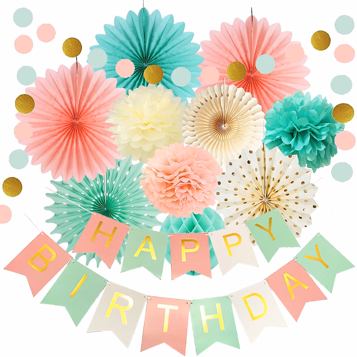Mint Peach Birthday Party Decorations Mint Green Cream Pink Paper Fans Happy Birthday Banner Circle Dot Garland Baby Shower Bridal Shower Women Grils Mint Birthday Party Decorations
