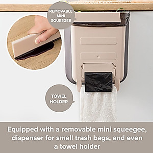 Hanging Kitchen Trash Can - Expandable Garbage Can for Kitchen Cabinet - Food Waste Trash Bin w/ Trash Bag Dispenser & Towel Hanger - Space-saving Compost Bin & Under Sink Trash Can | 9-Liter/2.4 Gal, Brown