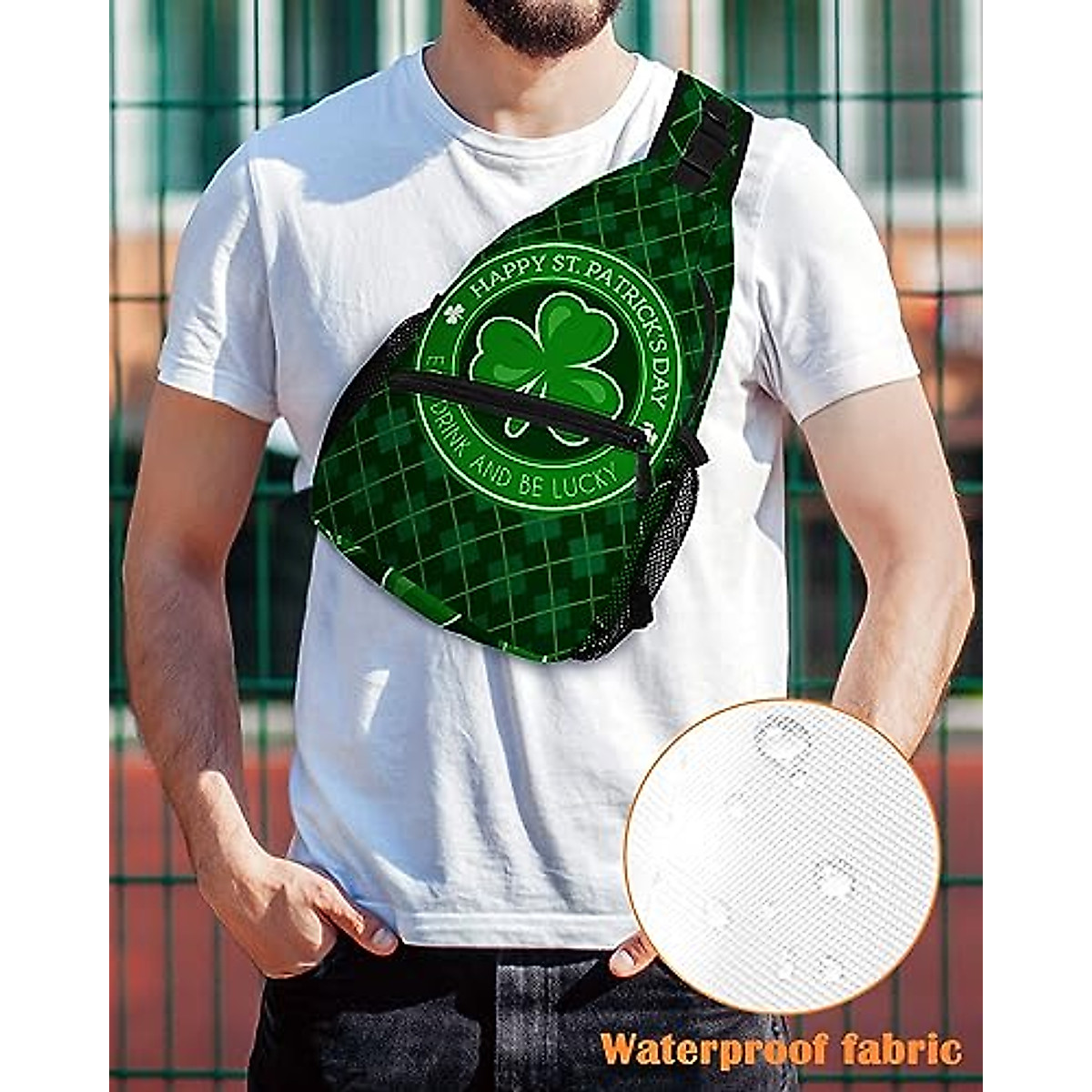 Sling Backpack, St Patrick Day Shamrock Green Checker Plaid Waterproof Lightweight Small Sling Bag, Travel Chest Bag Crossbody Shoulder Bag Hiking Daypack for Women Men