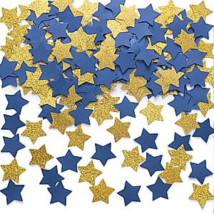 MOWO Gold and Blue Star Confetti Table Decoration for Birthday Graduation Retirement Bachelor Theme Party,1.2 inch in Diameter,200 Counts