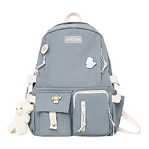 FPlace Laptop Backpack Shoulders Bag Schoolbag Travel Bag for Student Casual Cute Kawaii Y2K With Plush Bear Pendant Gift (Blue)