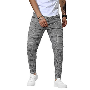 Woenzaia Men's Fashion Slim Fit Plaid Dress Pants Casual Skinny Chinos Pants Stretch Expandable Waist Golf Pants Checkered Travel Slacks(Dark Grey,32