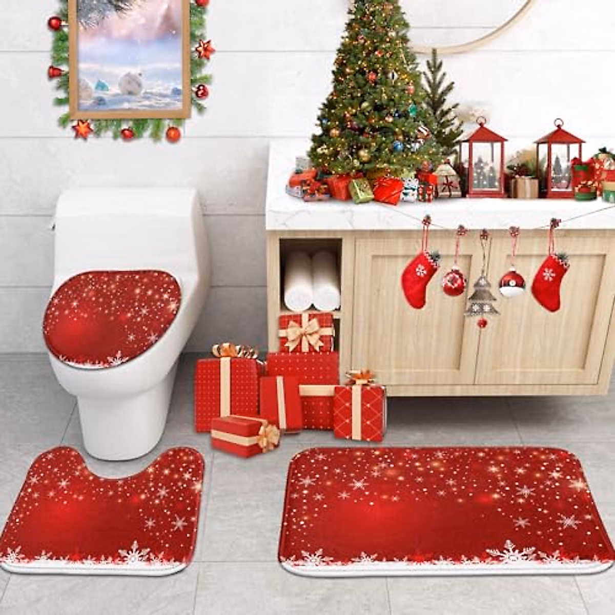 ArtSocket Christmas Bathroom Rugs and Mats Set 3 Piece, Snowflake Red Rugs Non Slip, Winter Snow Absorbent Microfiber Memory Foam Bath Mat Machine Washable Bathroom Floor Mats