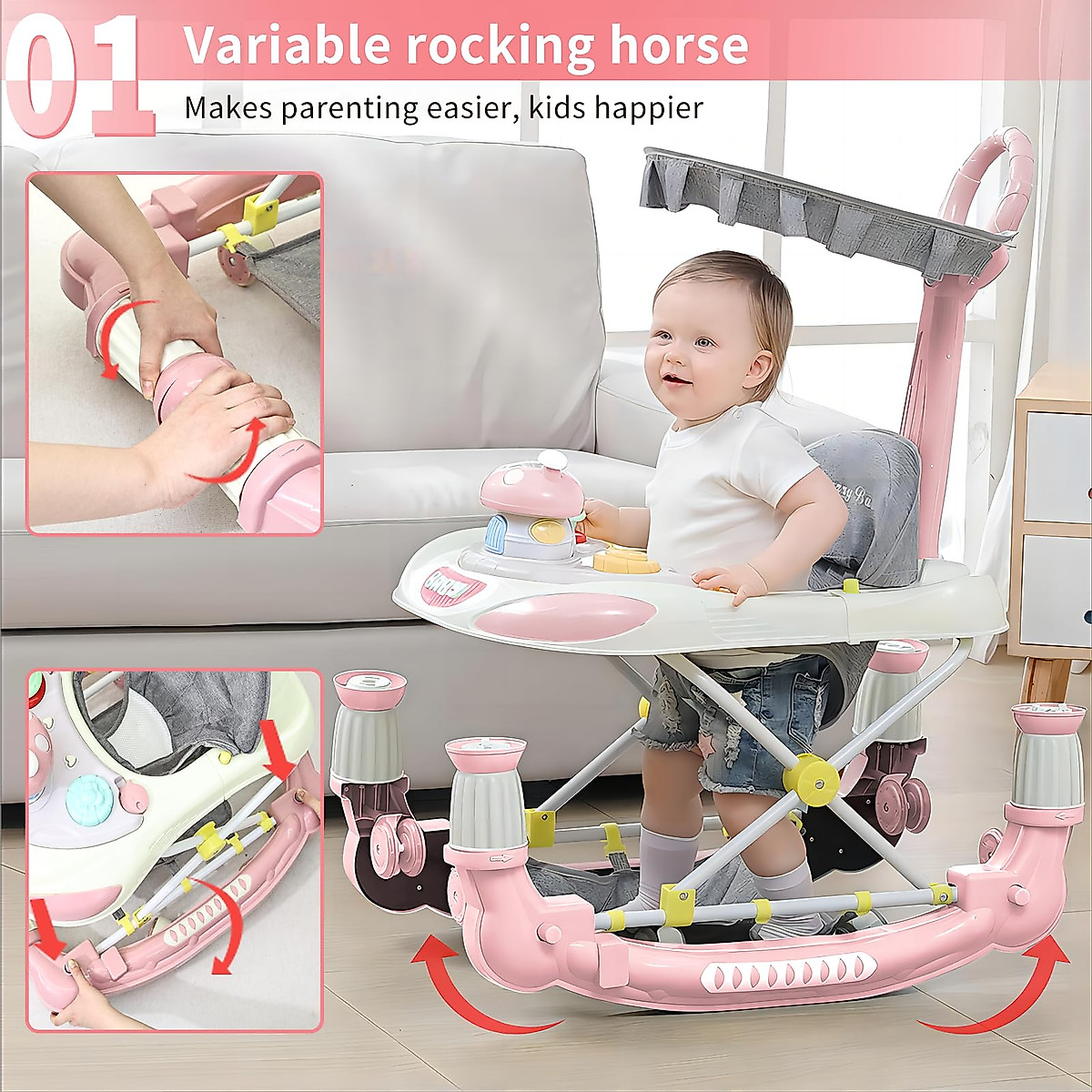 Dingdong Baby Walker - 4 in 1 Baby Walker with Wheels, Variable Rocking Horse, Walker for Baby Girl Adjustable Height (8-17in) and Width, Baby Walkers for Girls, Foot Pads/Handles, Portable Foldable