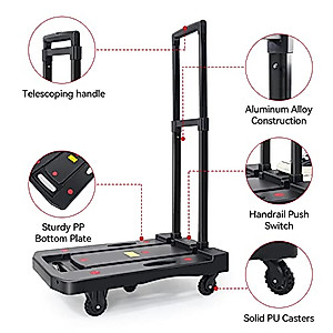 Trolley Folding Hand Truck Flatform Cart Load 375 lb Five Wheel Platform Truck Foldable Utility Luggage Folding Dolly, Travel Shopping Moving Office…