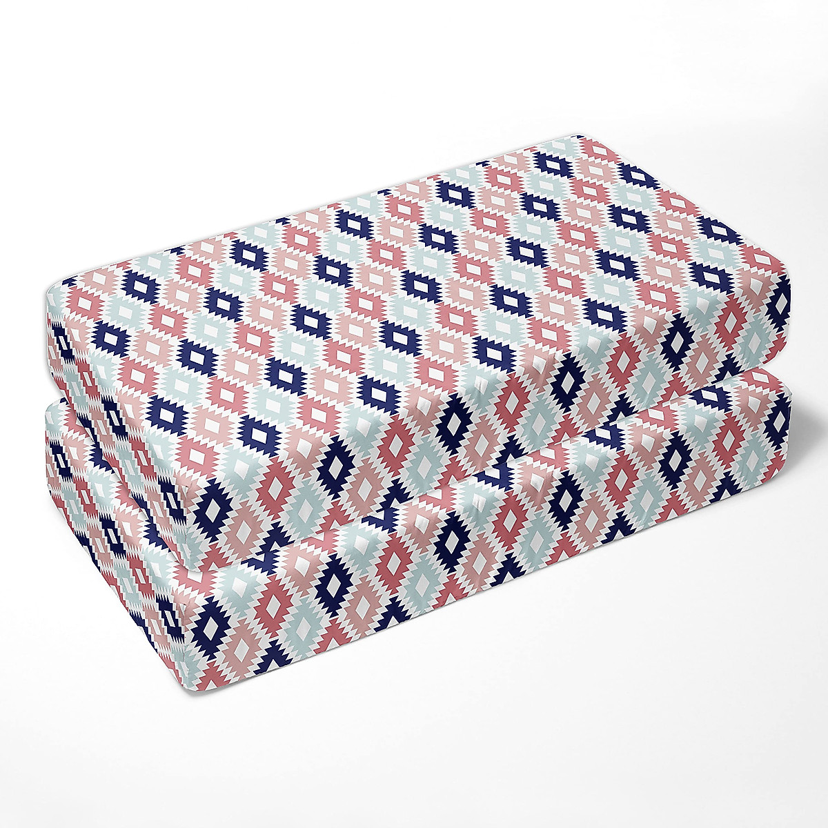 Bacati - 2 Pack Emma Aztec Kilim Printed Girls 100% Cotton Universal Baby US Standard Crib or Toddler Bed Fitted Sheets (Coral Mint Navy)